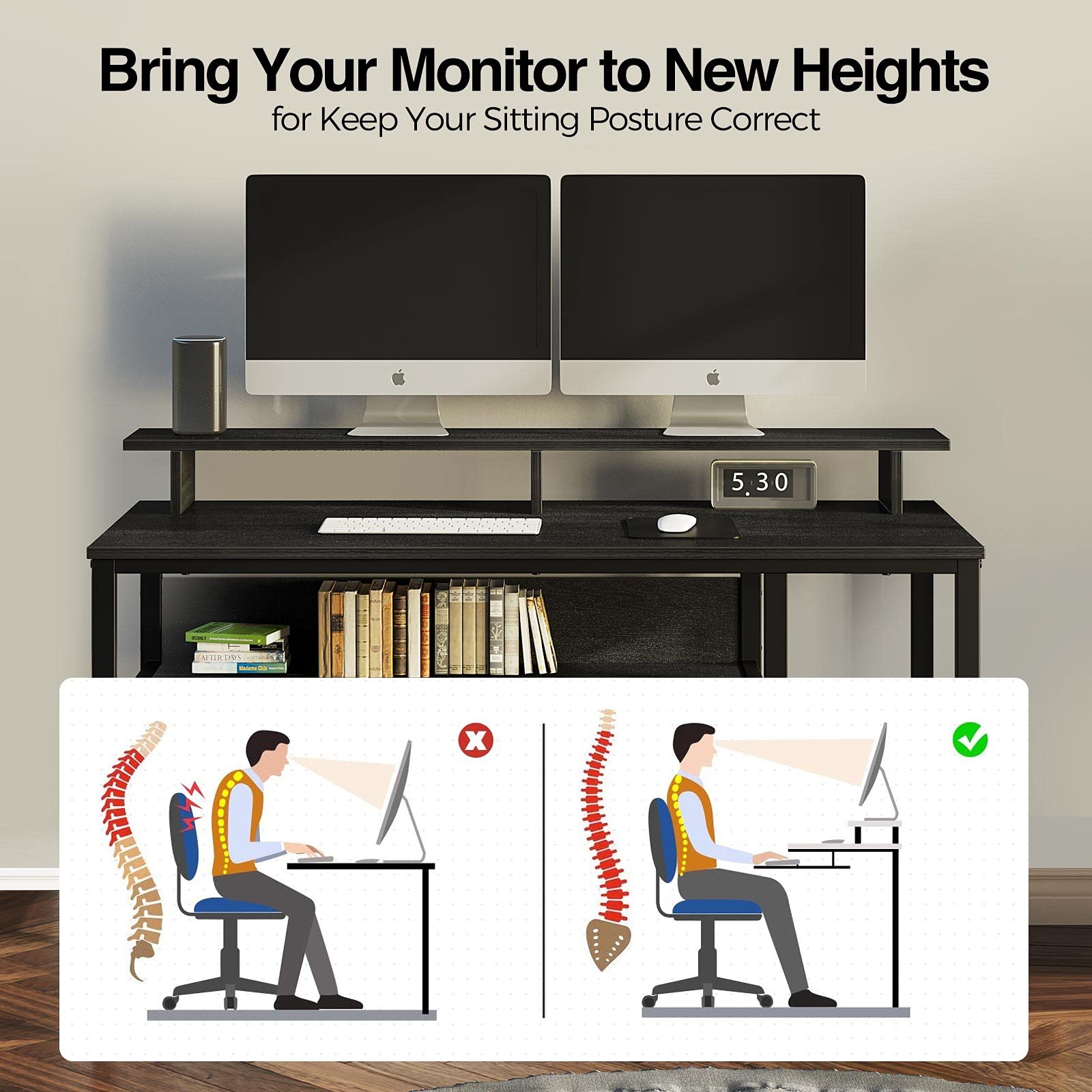 Rolanstar Computer Desk with Monitor Shelf, 55" Home Office Desk, Study Writing Desk, Sturdy Table, Workstation, Stable Metal Frame, Black