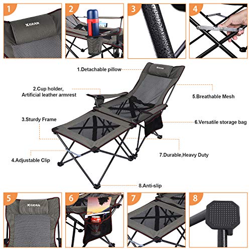 XGEAR 2 in 1 Folding Camping Chair Portable Lounge Chair with Detachable Table for Camping Fishing Beach and Picnics (Grey)