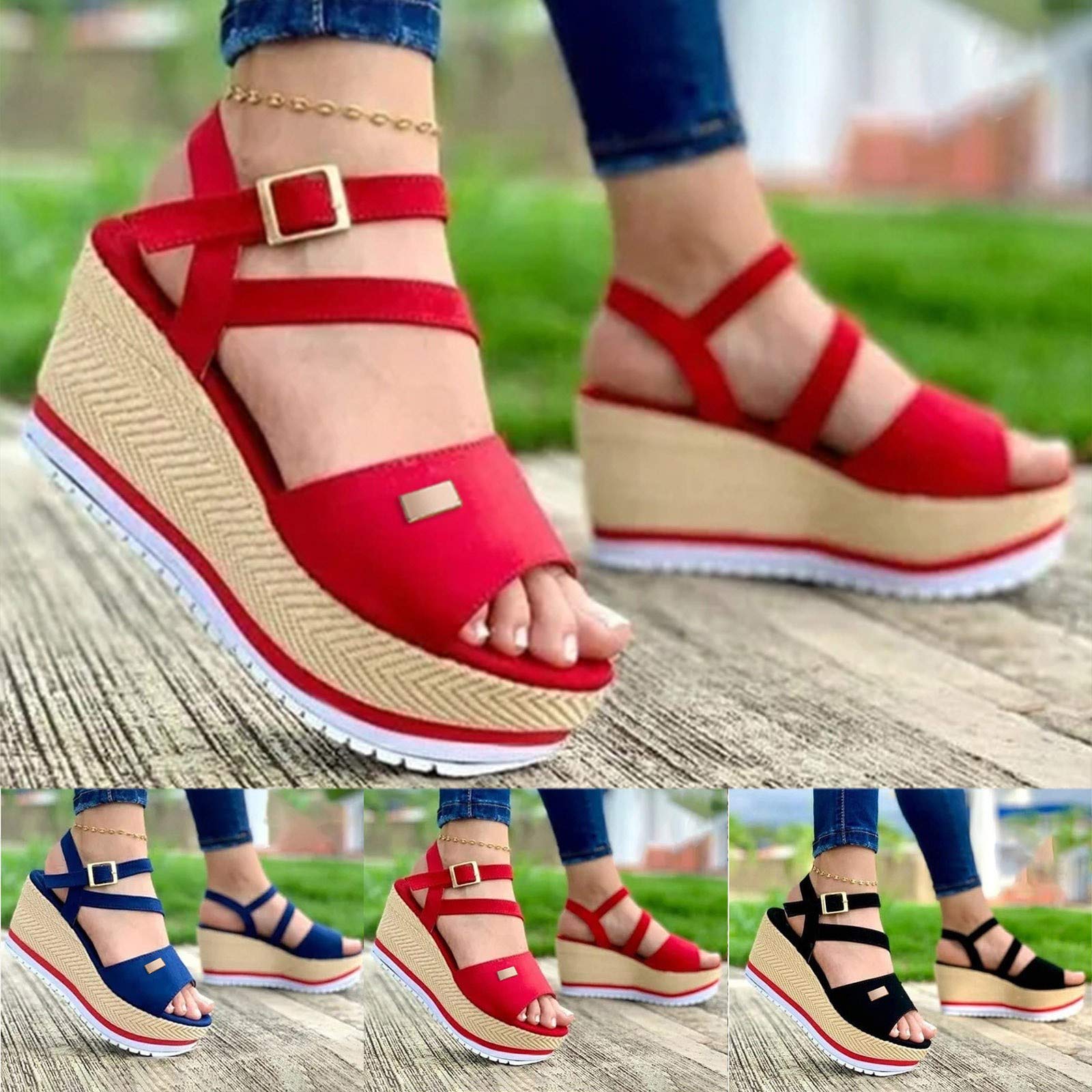 SmallYin Women's Espadrilles Sandals Open Toe Ankle Strap Flatform Platform Wedge Sandals Summer High Heel Sandals