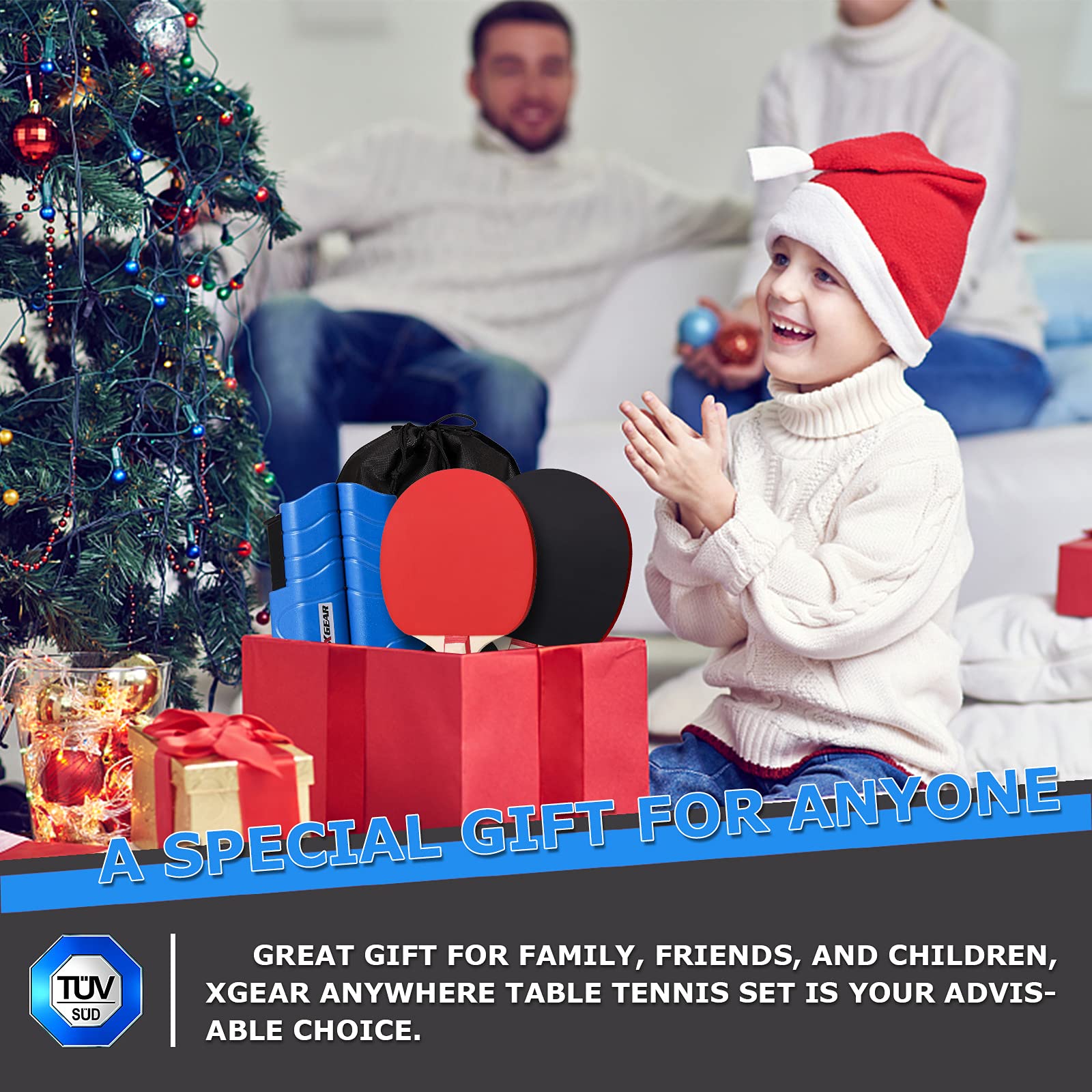 XGEAR Anywhere Ping Pong Equipment to-Go Includes Retractable Net Post, 2 Ping Pong Paddles, 3 pcs Balls, Attach to Any Table Surface, Lake Blue