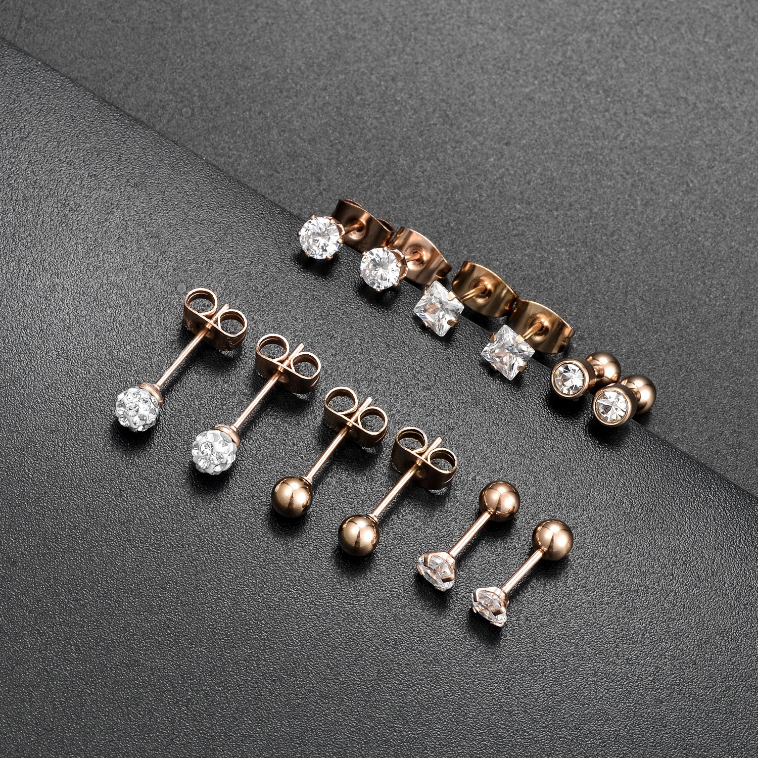 Tornito 6 Pairs Stainless Steel Stud Earrings CZ Ball Earring Set For Men Women 4MM/6MM/8MM Silver Rose Gold Tone