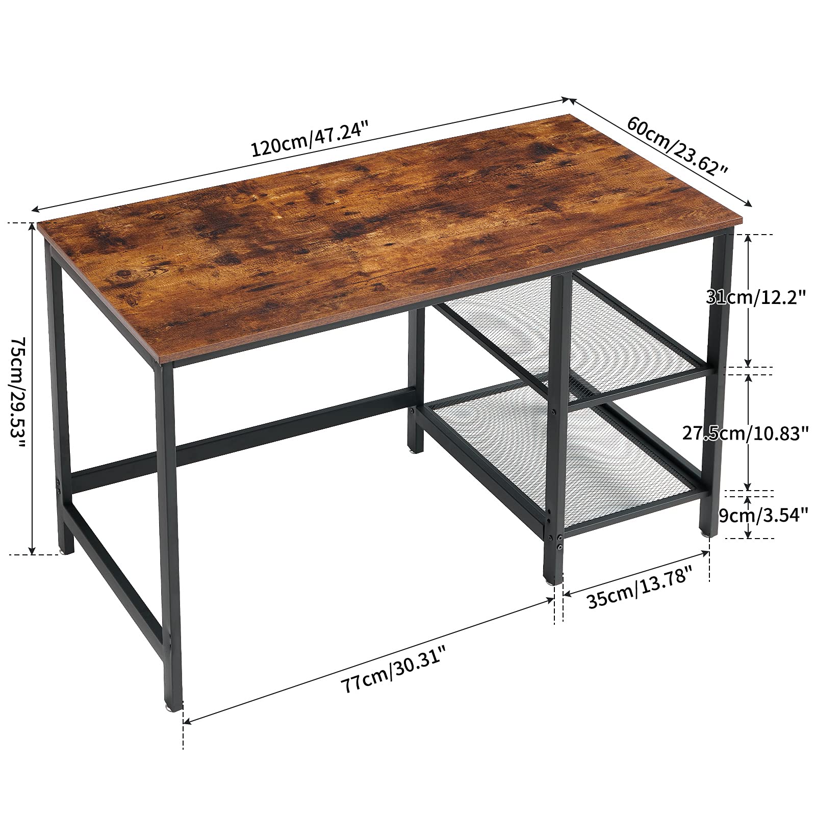 YMYNY Industrial Computer Desk, 47 Inch Large Study Writing Table with 2 Storage Shelves, Home Office PC Laptop Notebook Desk with Bookshelf, Easy Assembly, Rustic Brown UHTMJ33MH