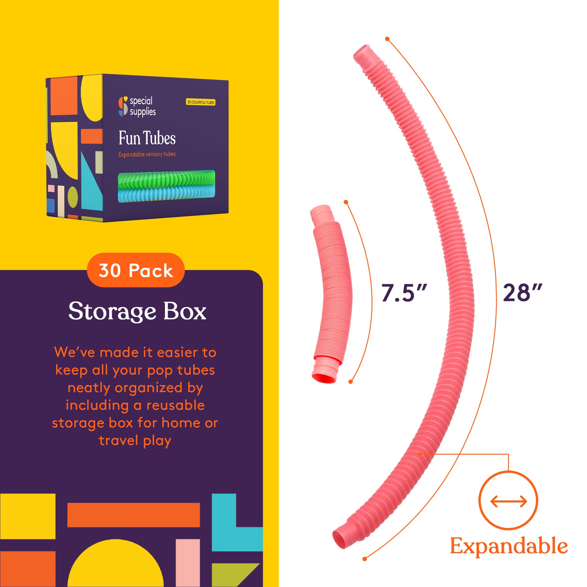 Special Supplies Fun Pull and Stretch Tubes for Kids - Pop, Bend, Build, and Connect Toy, Provide Tactile and Auditory Sensory Play, Colorful, Heavy-Duty Plastic (30)