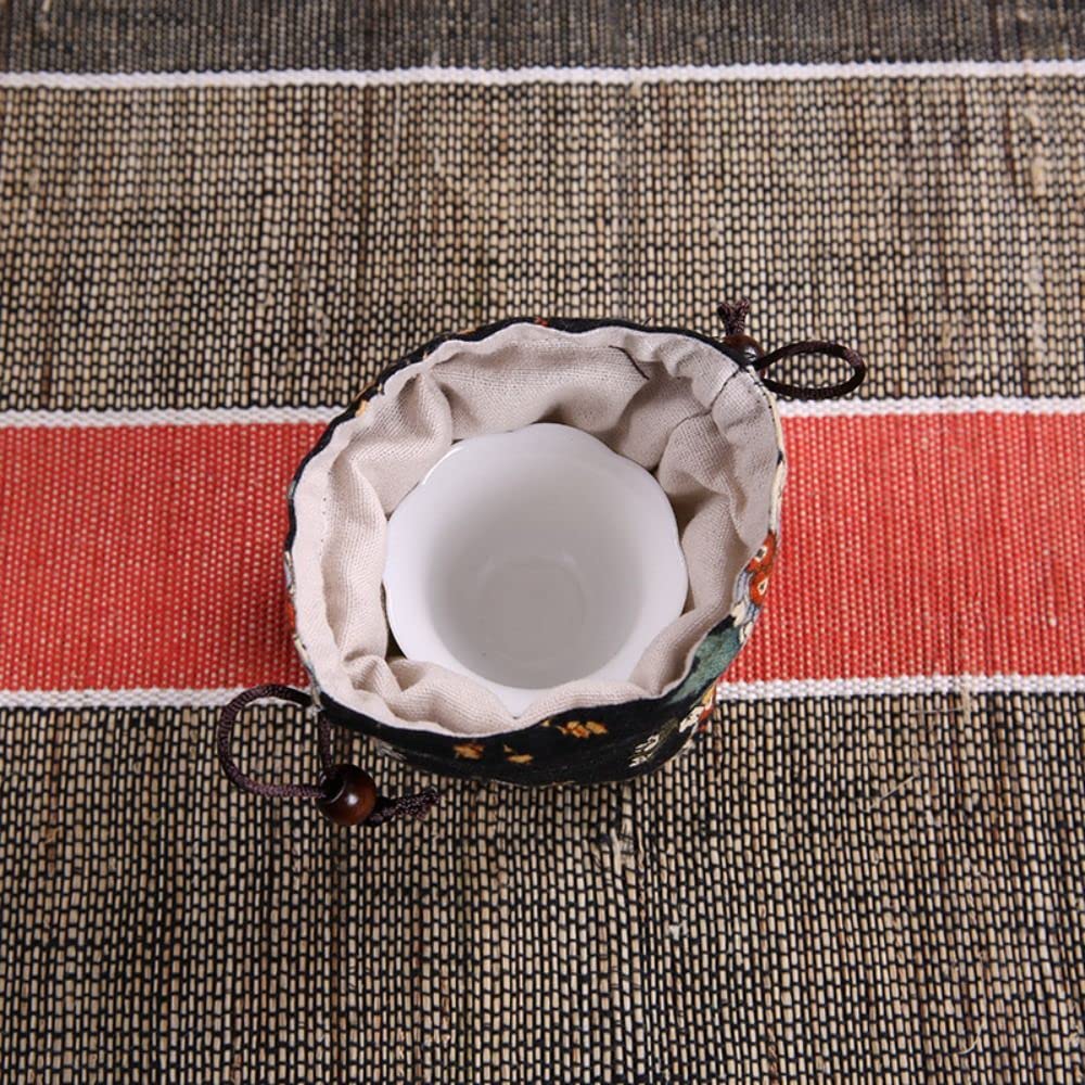 Retro Teapot Bundle Pocket, Flower Pattern Teacup Bag, Jewelry Storage Bag, Drawstring Bundle Pocket, Cotton Linen Teaware Storage Bag(Wine Red)