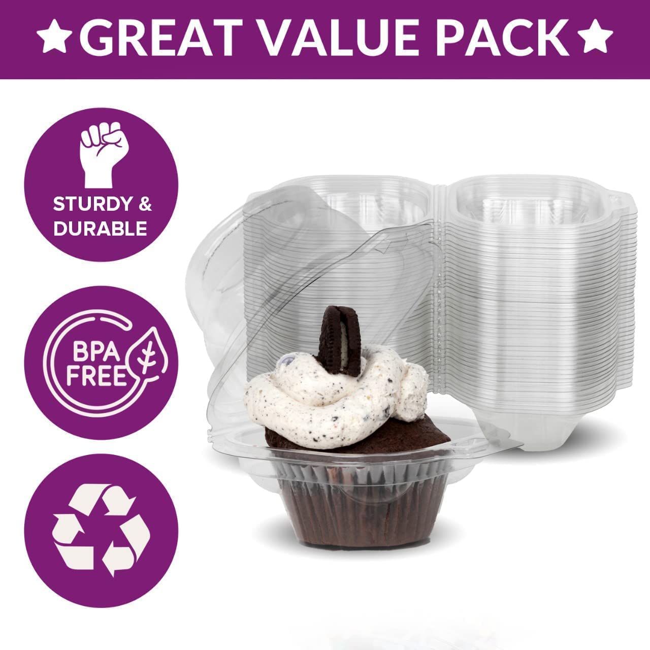 True 7 - [75 Pcs] Individual Cupcake Containers Disposable Clear Plastic Cupcake Holders with Airtight Deep Dome Lid Stackable Single Cupcake Boxes for Home Baking Party Wedding, Cake Shop