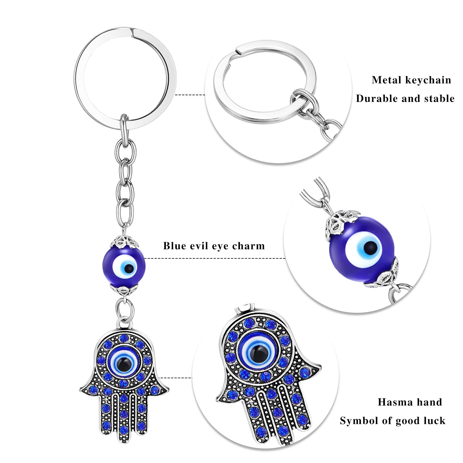 Yaomiao 5 Pieces Hamsa Hand Keychain Evil Eye Silver Keychain Fatima Protection Charms Blue Good Luck Key Holder for Attaching to Keys and Bags