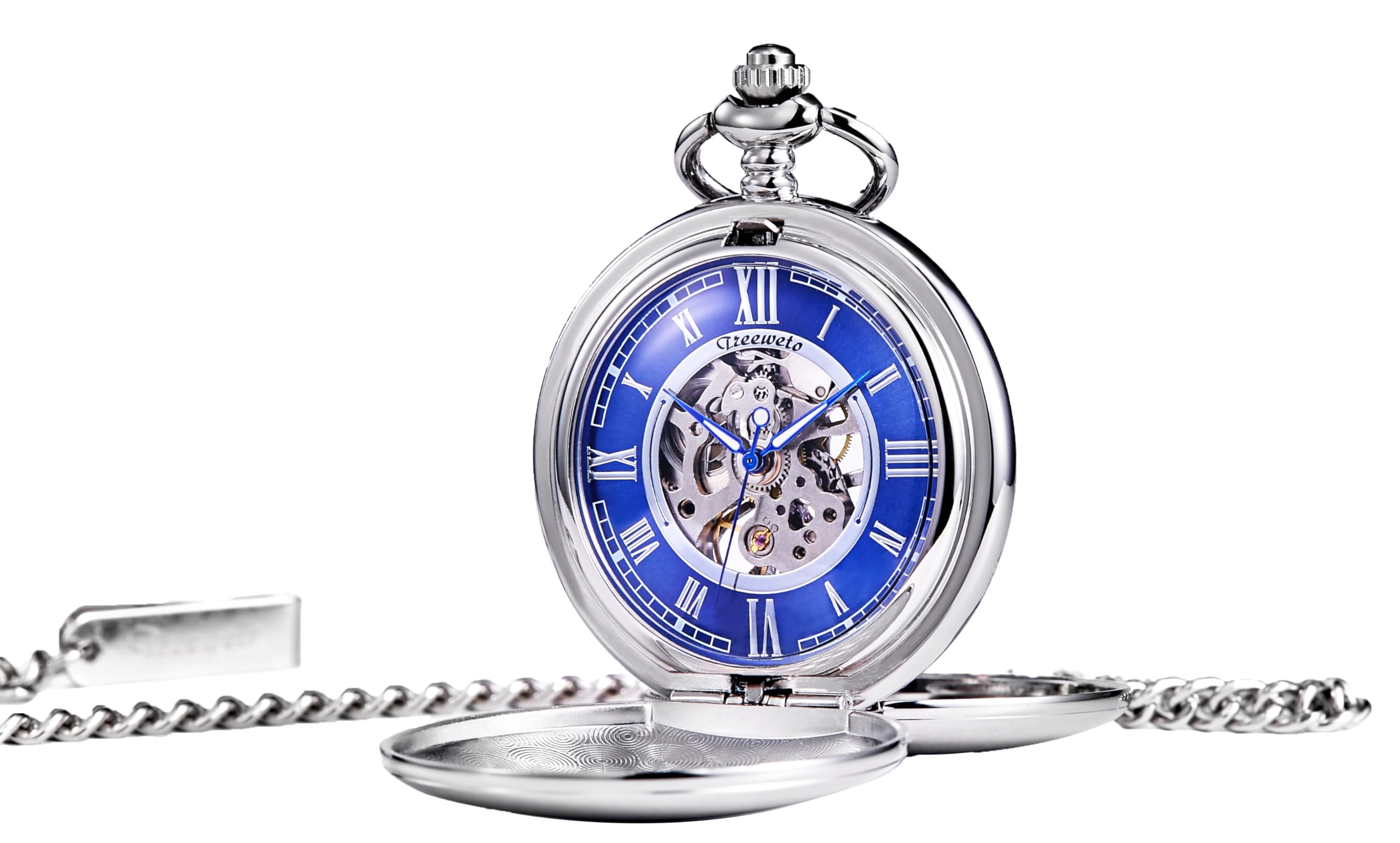 TREEWETO Pocket Watch - Smooth Double Case Series Skeleton Dial Delicate Mechanical Movement with Chain, Silver