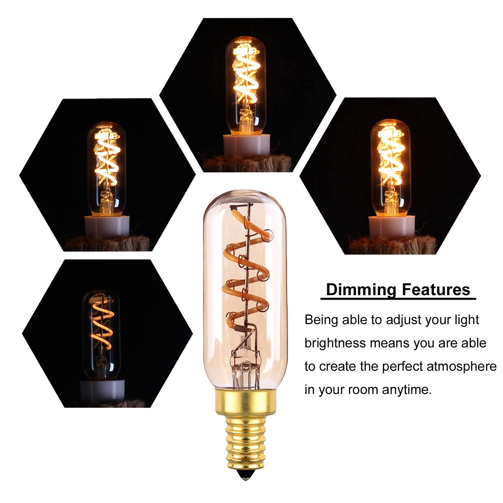Sphoon 3W E12 Led Bulb Dimmable Amber Candelabra Base Equivalent Retro Edison Light Bulbs 25 watt T25/T6 Warm Yellow 2200K Decorative Spiral Filament Pack of 5pack