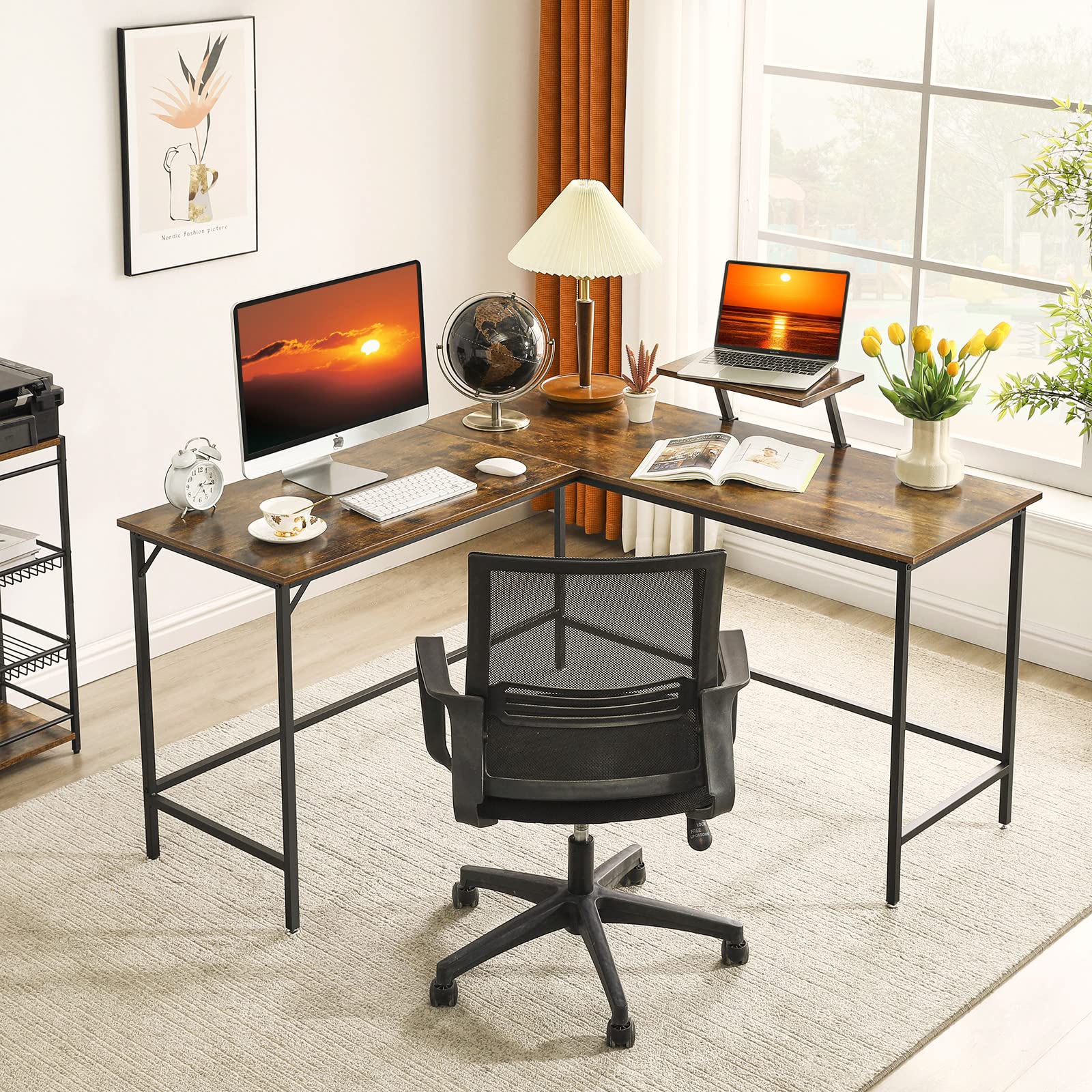 YMYNY L Shaped Computer Desk, Industrial Corner Table for Home Office, PC Laptop Workstation, Study Writing Gaming Table with Monitor Stand, Easy to Assemble, Rustic Brown