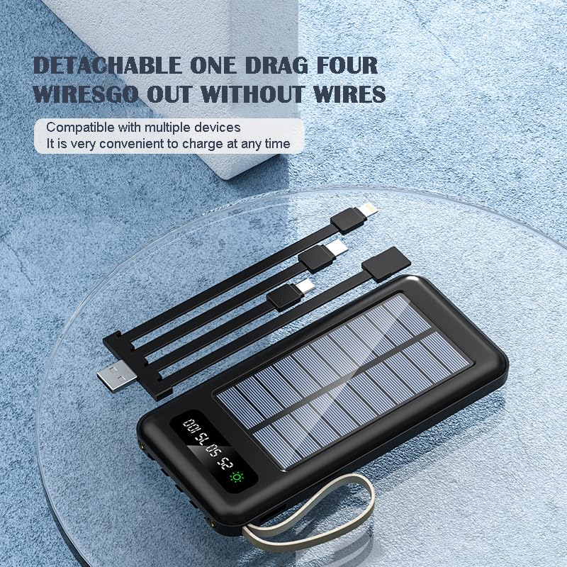 Solar Power Bank, Portable Charger, 20000mAh External Backup Battery Charger, Fast Charging Solar Panel & USB Charging, with line & Light