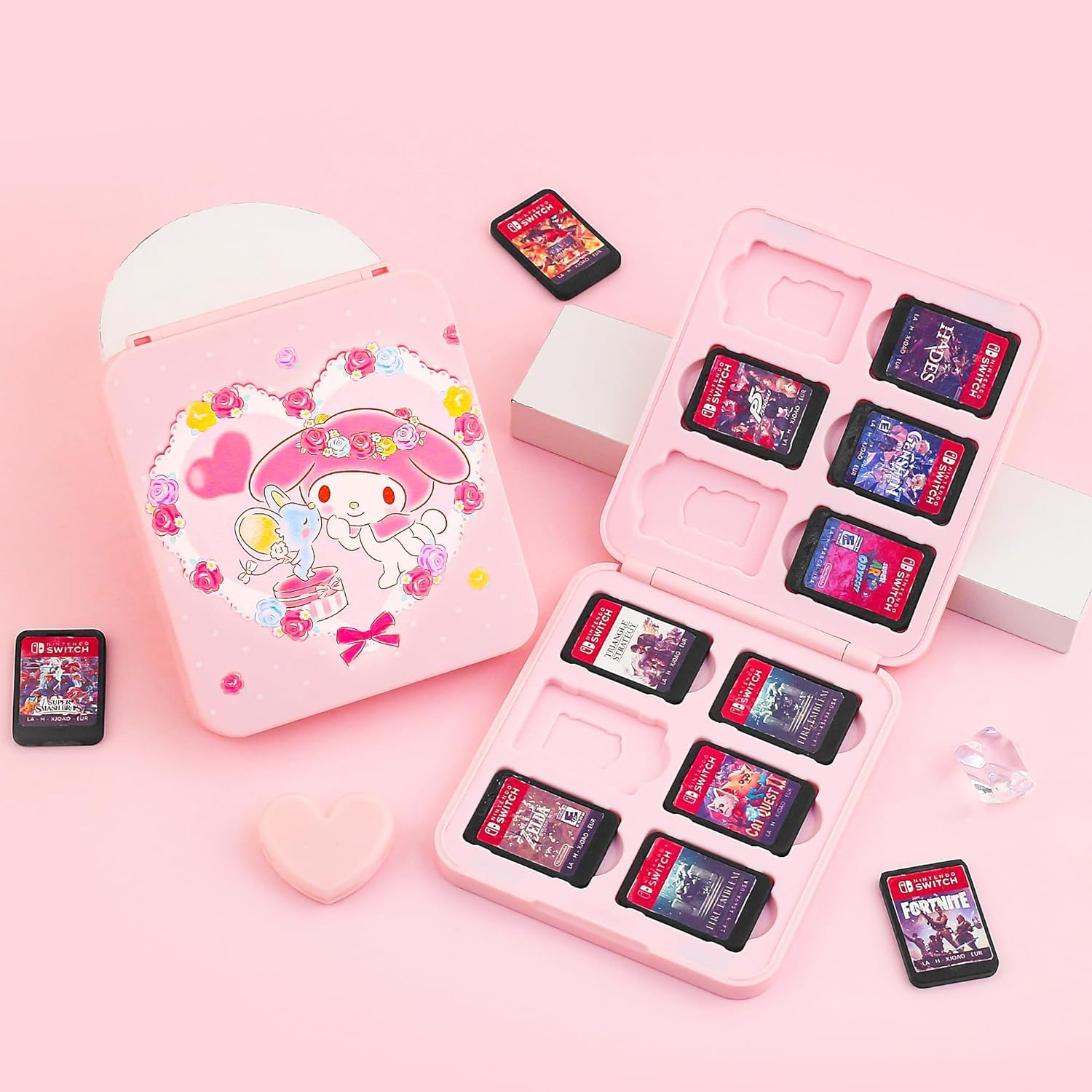 RHOTALL 12 Game Card Slots Case for Nintendo Switch and Switch OLED, Pink Anime Girl Cute Magnetic Game Storage Holder for Switch Games, 12 SD Card Cartridge Case with Soft Silicone Lining
