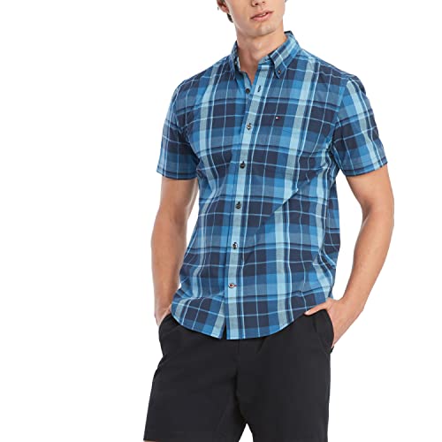 Tommy Hilfiger Men's Short Sleeve Casual Button Down Shirt in Regular Fit, Carbon Navy