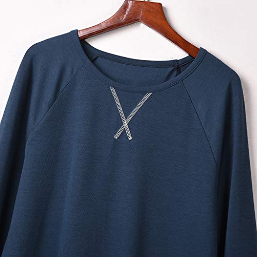 YOCheerful 2Pcs Cotton Blend Women Tracksuit Solid Long Sleeve Tops+Pants Sets with Pockets Leisure Wear Home Wear Suit Navy