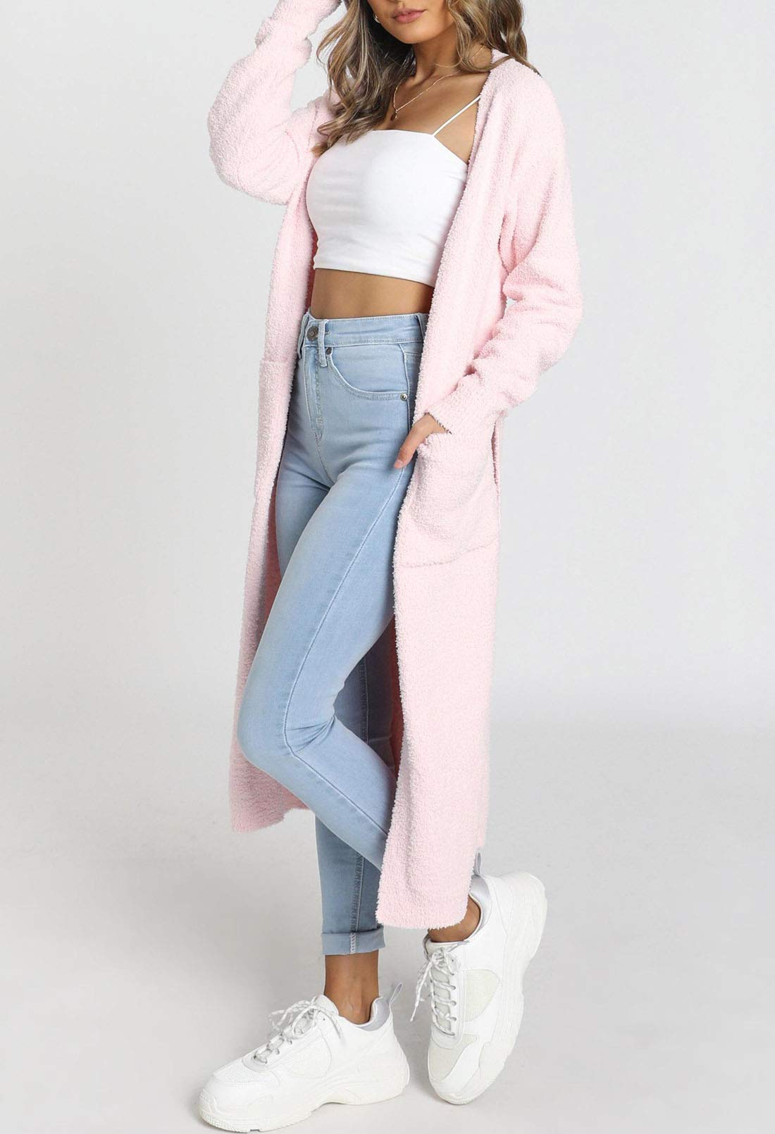 VamJump Womens 3 Piece Pajama Set Scoop Neck Vest Tops High Waist Pants Open Front Cardigan Set,Pink,S