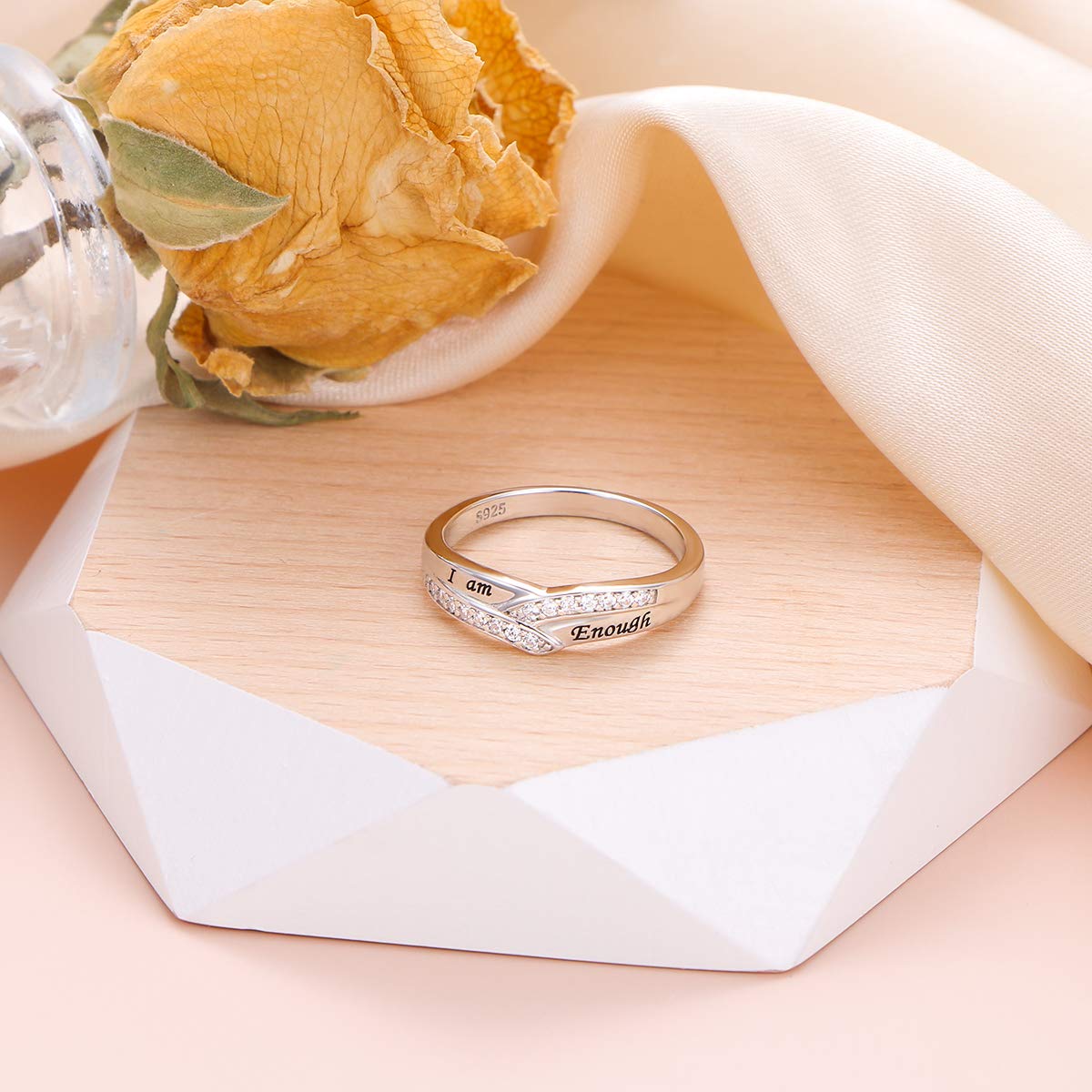 YinShan 925 Sterling Silver I am Enough CZ Thumb Adjustable Rings for Women Wrap Ring Size 8