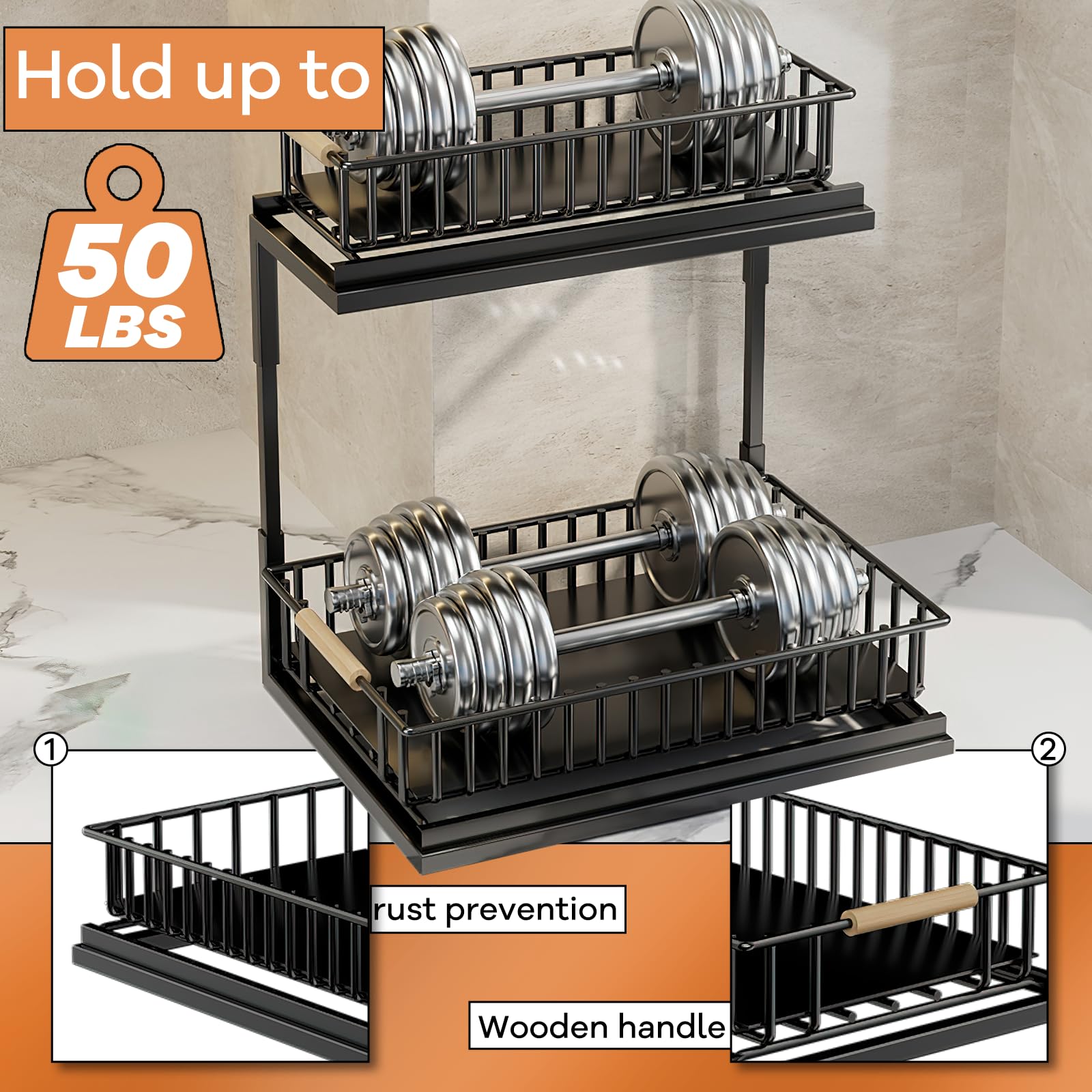 YZHDUXIU 2-Tier Sliding Under Sink Organizers and Storage, Rustproof Metal Pull Out Cabinet Organizer with Wooden Handle, Multi-Use Under Sink Storage for Kitchen Bathroom