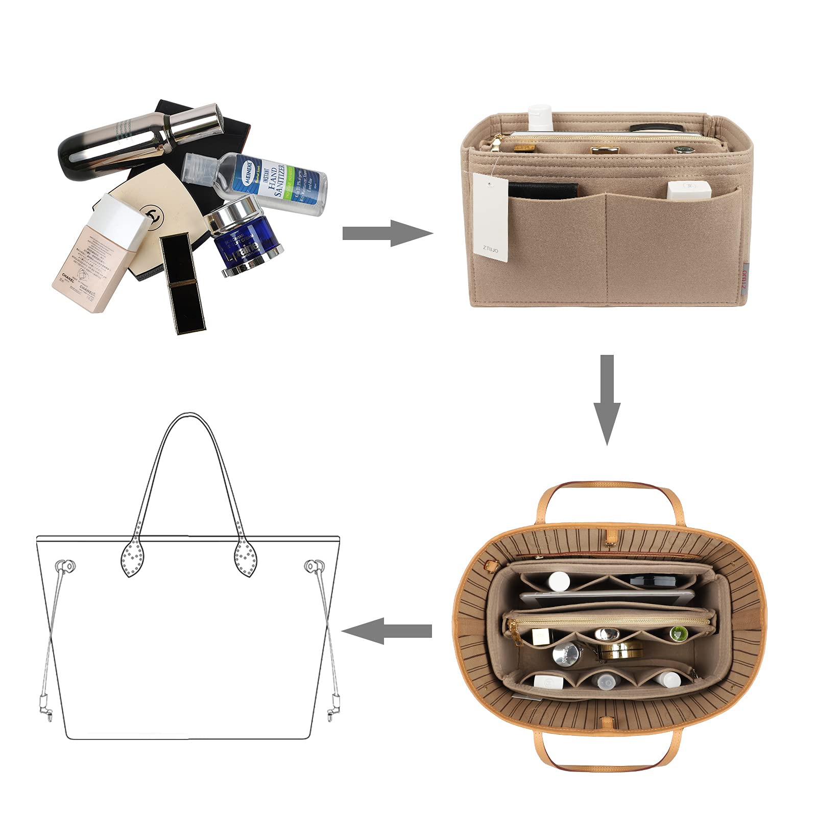 ZTUJO Purse Organizer, Tote Organizer For Speedy Neverful Graceful (Beige, Slender Medium)