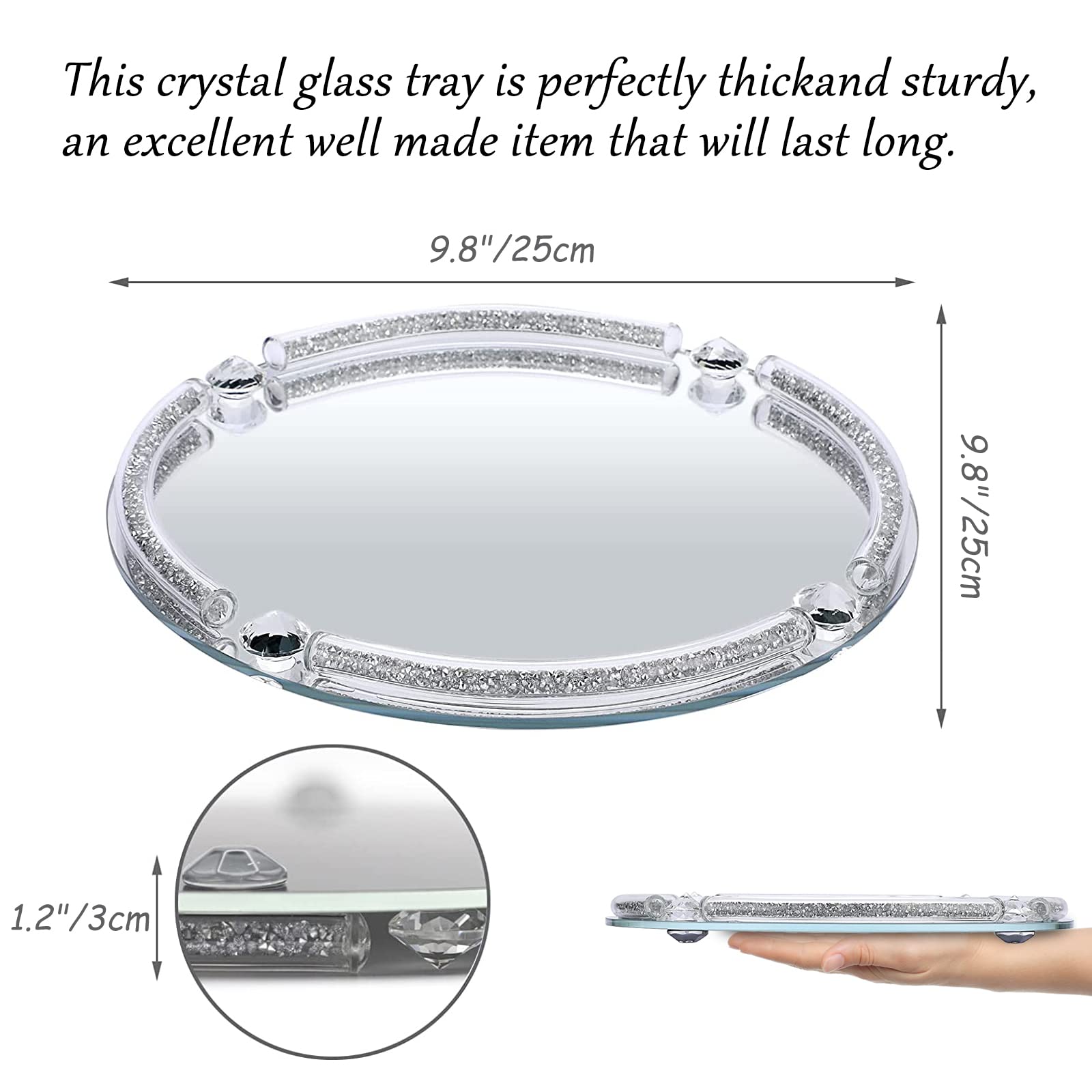 Silver Crushed Diamond Decorative Tray,9.8in Crystal Glass Decorative Tray Round Mirror Tray to Display Perfume,Jewelry, Candles,Shiny Serving Tray for Bathroom,Home Decor