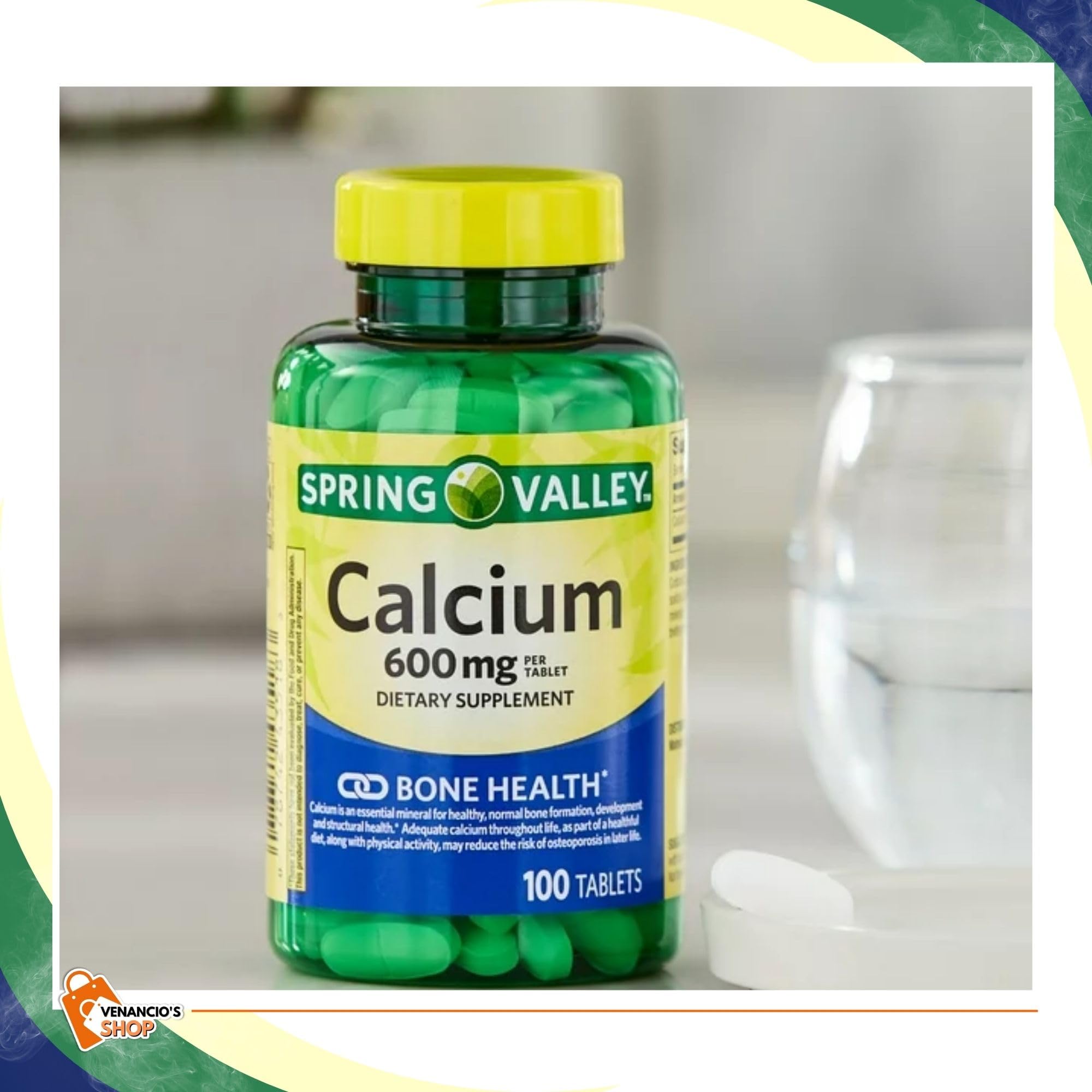 Spring Valley Calcium 600 mg 100 Tablets, Dietary Supplement, Bone Health Calcium + Includes Venancio’sFridge Sticker (Pack of 1)