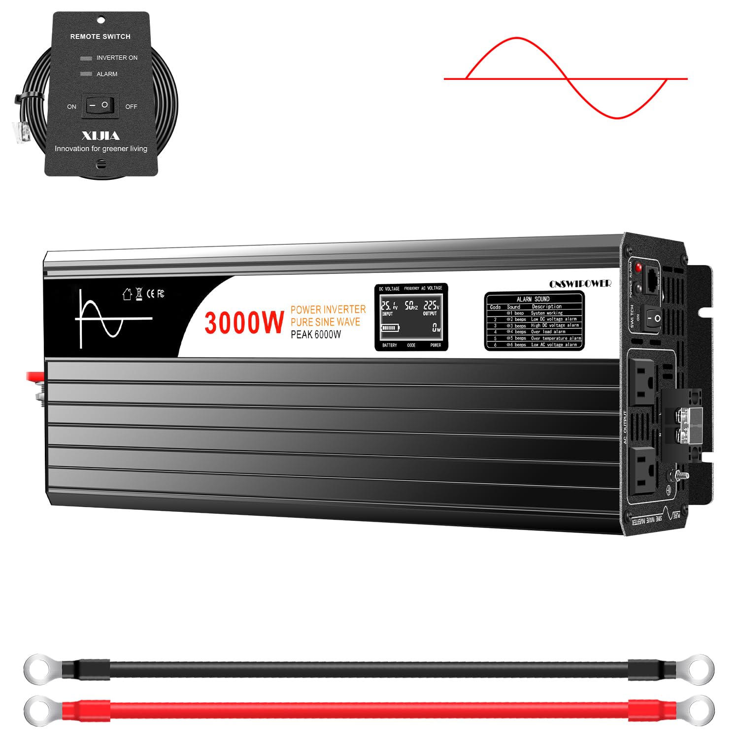 XIJIA 3000W (Peak 6000W) Pure Sine Wave Power Inverter DC 12V to AC 120V 60HZ Solar Converter for Home Use car Remote Control (DC12V (Range 10V-15V) 3000W)