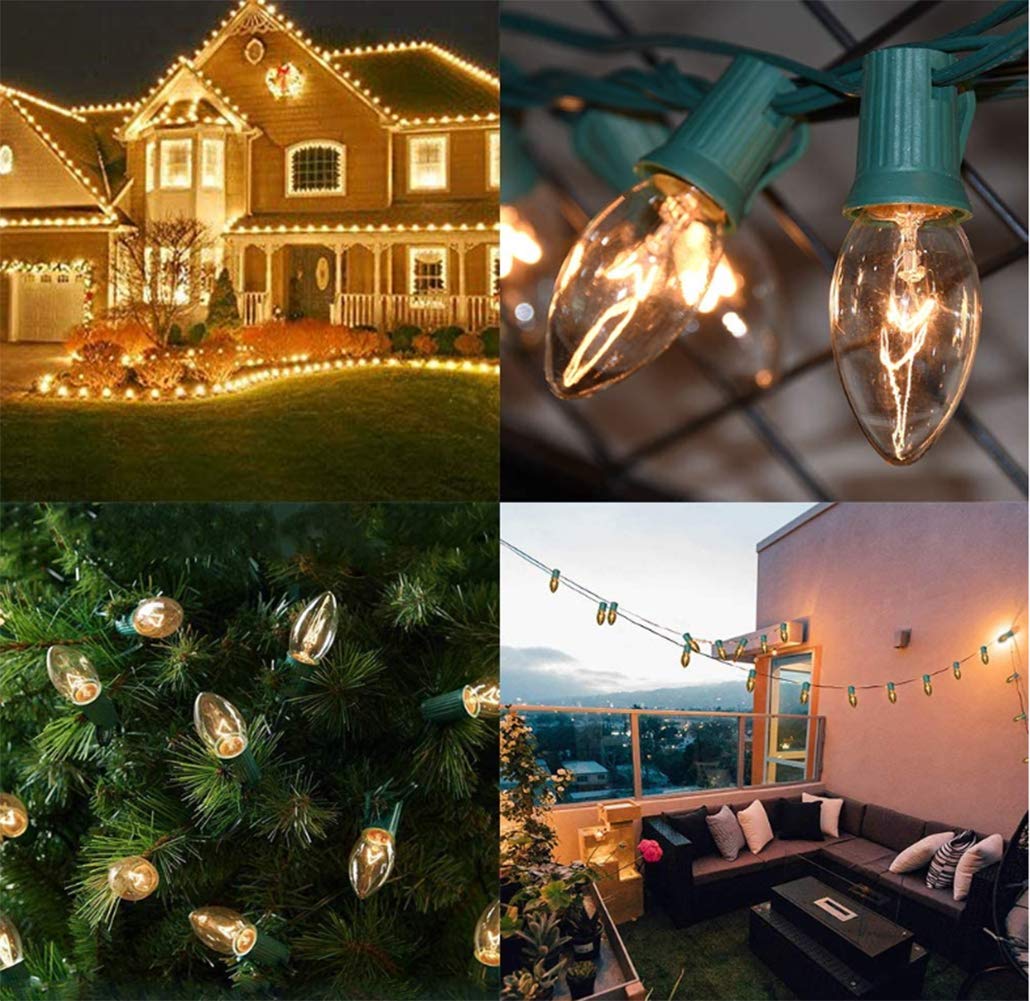 SUNSGNE 25 Pack C9 Clear Replacement Bulbs, C9 Christmas Light Bulbs Clear Incandescent Bulbs for Christmas Vintage String Light, E17 Intermediate Base, 7 Watt, Clear