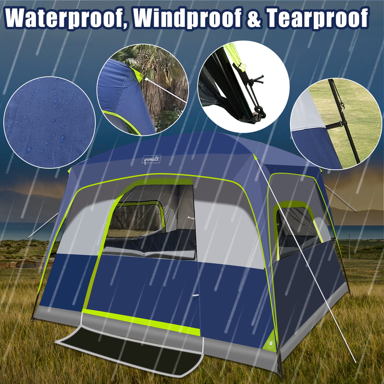 Tents 6 Person Waterproof Windproof Easy Setup, Easy Setup Cabin Tent with Top Rainfly, Double Layer,4 Large Mesh Windows,2 Mesh Door,Provide 2 pcs Gate Mat Camping Tent-10'X9'X78''(H)