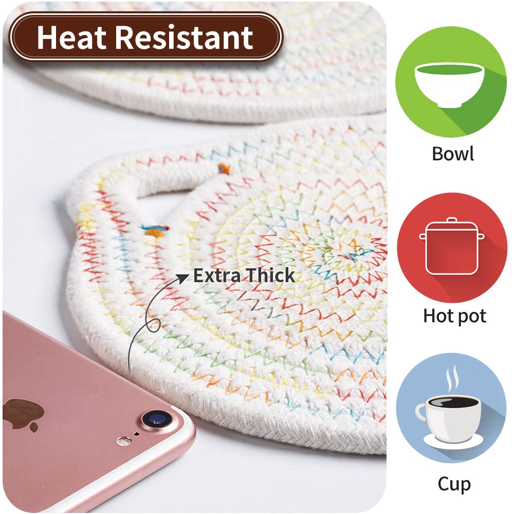 YONOVO 7" Cotton Trivets Set, 3Pcs Cute Cat Ear Pot Holders Woven Hot Pads Mats Thick Heat Resistant for Hot Pots and Pans Round Hot Plate Holder Washable Potholders Kitchen Farmhouse Rustic Gift
