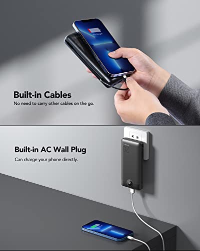VRURC Portable Charger 20000mAh, Fast Charging Power Bank USB C,4 Output 2 Input Charging Bank Equipped with LED Display,Built-in Wall Plug and Cables,Cell Phone Replacement Battery,Black