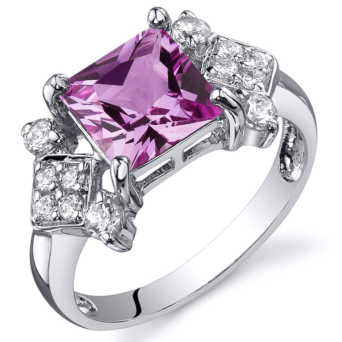 PEORA Created Pink Sapphire Princess Cut Ring Sterling Silver Size 9