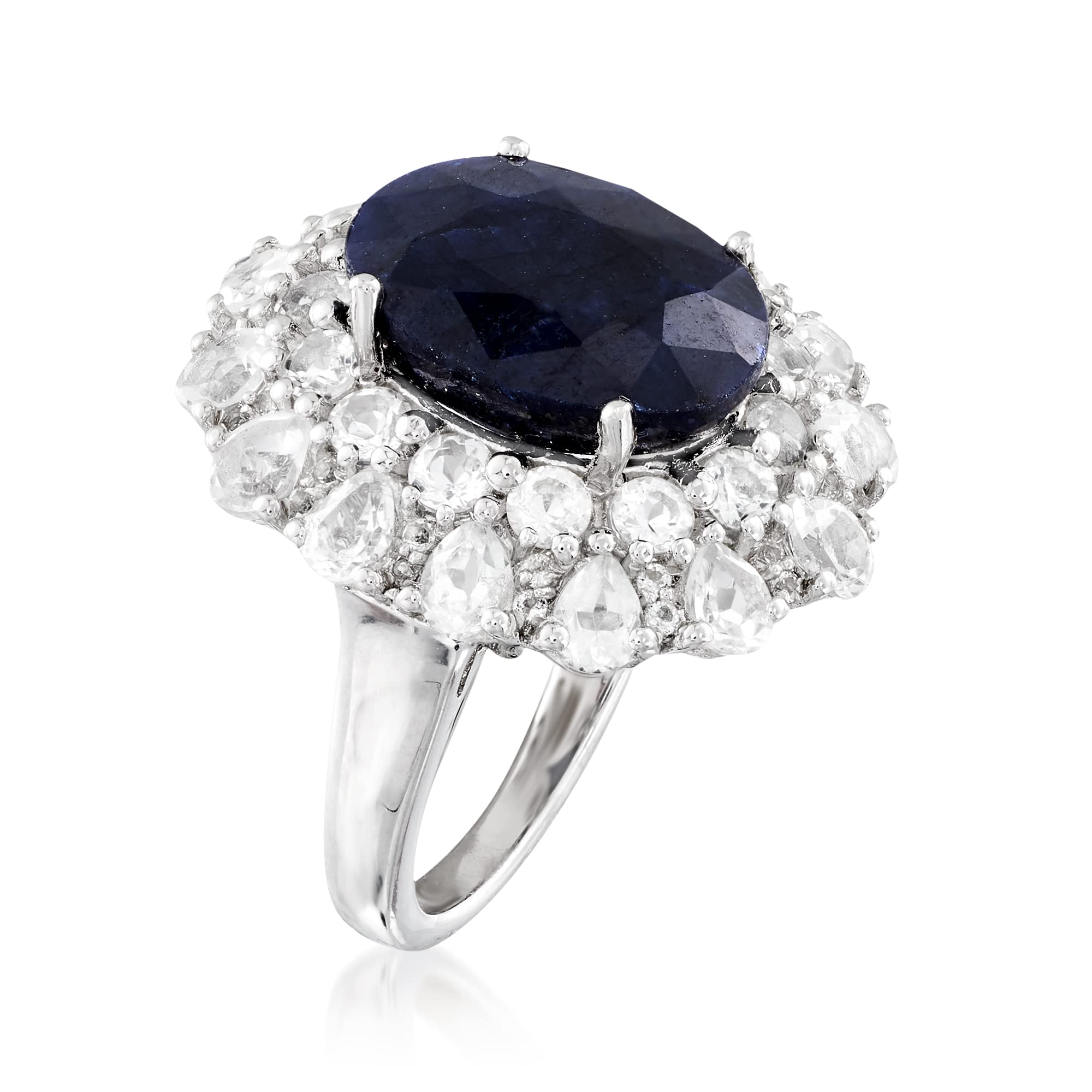 Ross-Simons 7.25 Carat Dark Blue Sapphire and 4.40 ct. t.w. White Topaz Ring in Sterling Silver. Size 8
