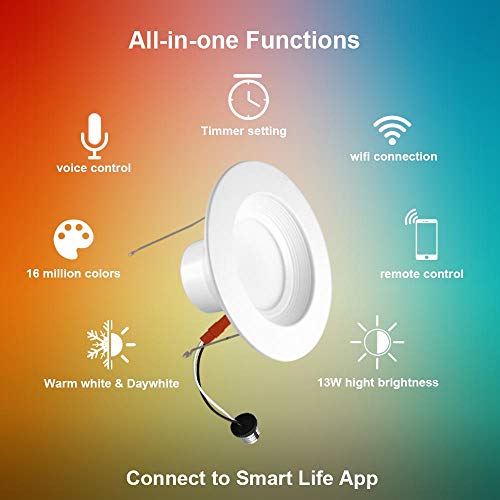 SUNTHIN Smart Recessed Lighting, 6 inch LED Recessed Downlights Retrofit RGB Recessed Ceiling Can Lights, Color Changing and Tunable White, Voice Control Alexa & Google Assistant,13W,1100LM (4 Pack)