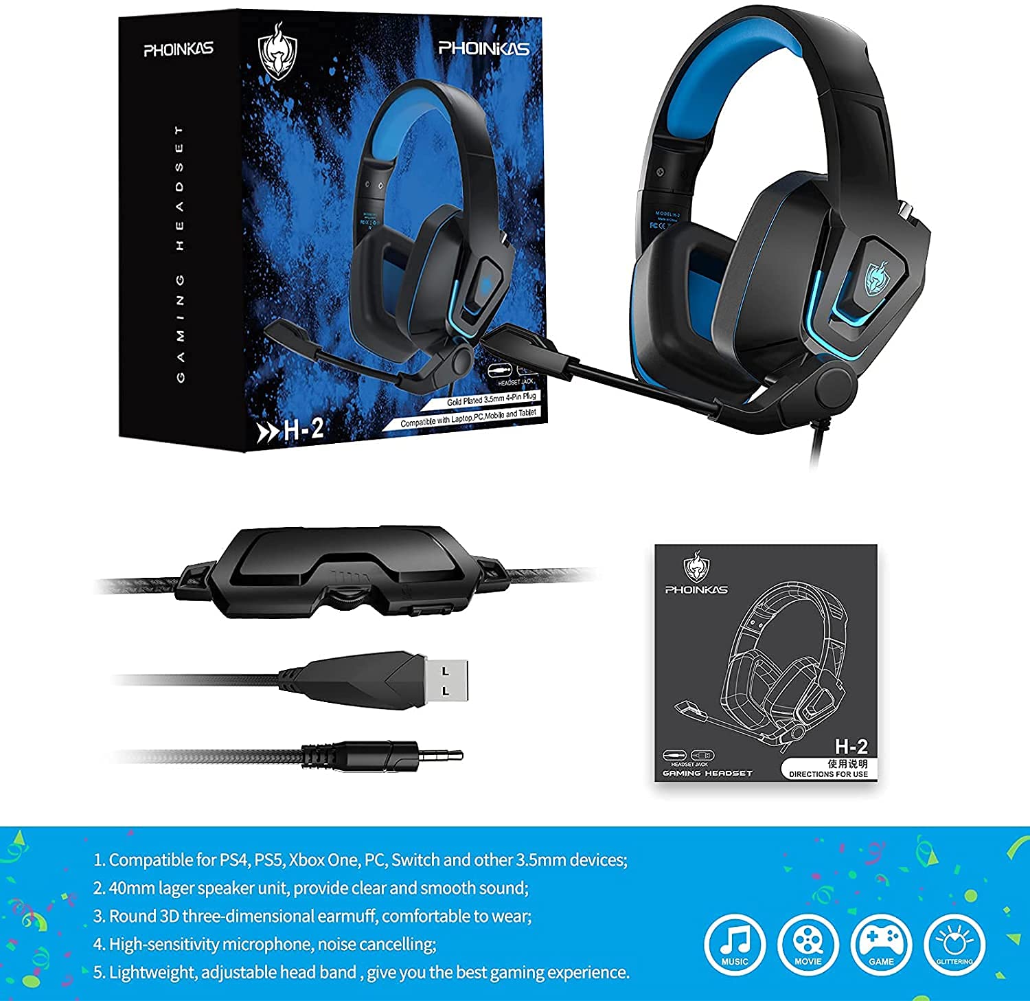 YOTMS Stereo Gaming Headset for PC PS4 PC PS5 Controller, Noise Cancelling Over Ear Headphones with Mic, LED Light, Bass Surround, Soft Memory Earmuffs for Laptop Mac (Blue)