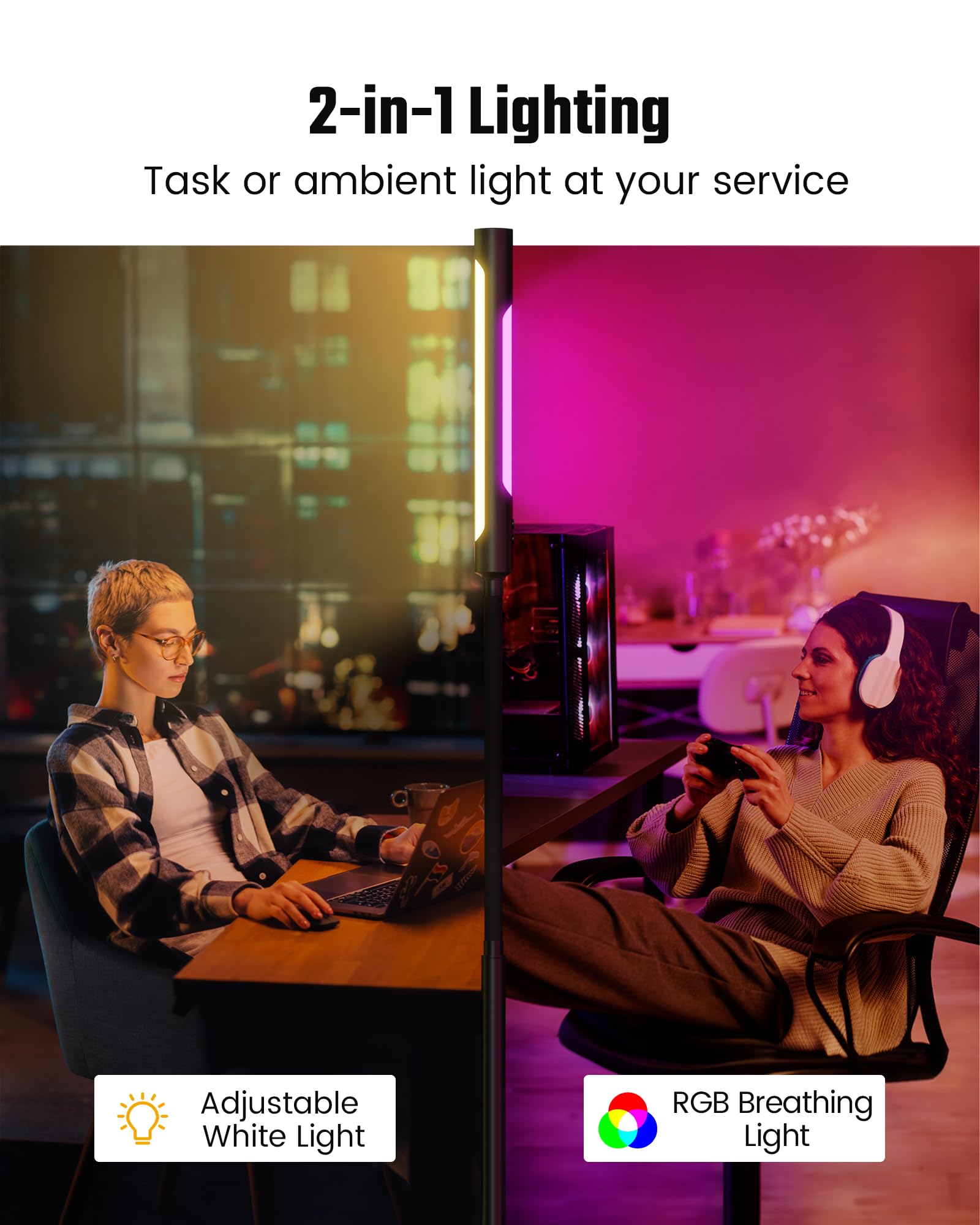 SUPERDANNY Solar Spot Lights & Double Side Floor Lamp, RGB Atmosphere & Dimmable Bright Light with 3000K-4000K-6500K Color Temps, Adjustable Gooseneck, Standing Modern Lamp for Reading, Living Room