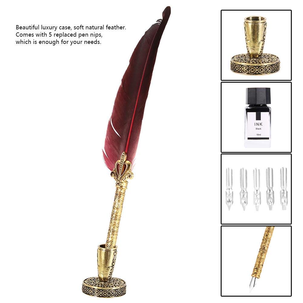 Simlug Calligraphy Pen Feather Quill Pen Set, Vintage Retro Feather Dip Pen Stainless Steel Nibs Calligraphy Writing Ink Pen Gift(Wine Red)