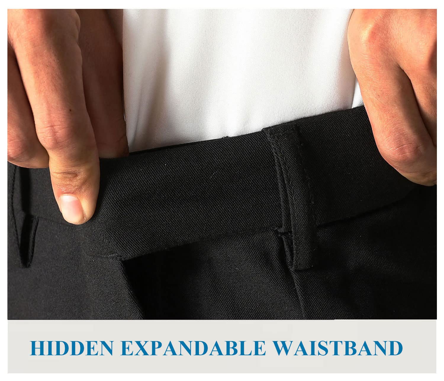 Soojun Men's Classic Fit Hidden Expandable Waist Flat Front Dress Pant, Black, 34Wx30L