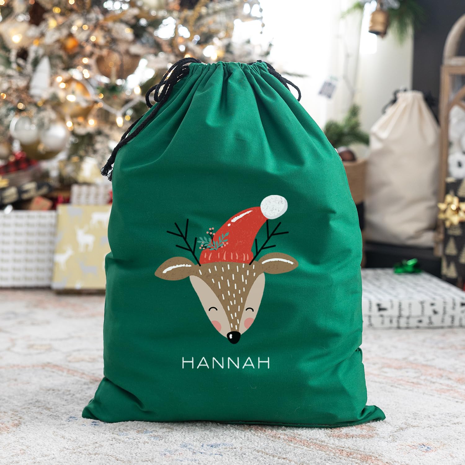 Qualtry Personalized Santa Sack Christmas Bag for Kids Presents (Reindeer Design, Green 19.5" x 26") - Large Cotton Sack with Drawstring - Giant Toy Bag with Name