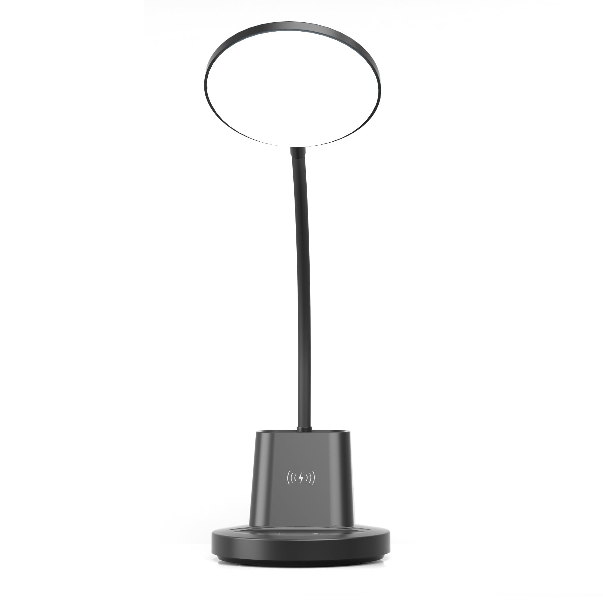 Sailstar Desk Lamp, Desk Lamps for Home Office with Wireless Charger & Pen Holder, 800 Lumens Gooseneck 3 Modes Dimmable Touch Circular LED Desk Light, Small Desk Lamp for College Dorm Room, Black