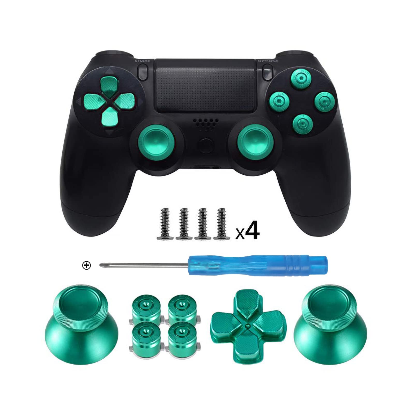 TOMSIN Metal Buttons for PS4 Controller, Aluminum Metal Thumbsticks Analog Grip & Bullet Buttons & D-pad (Red)