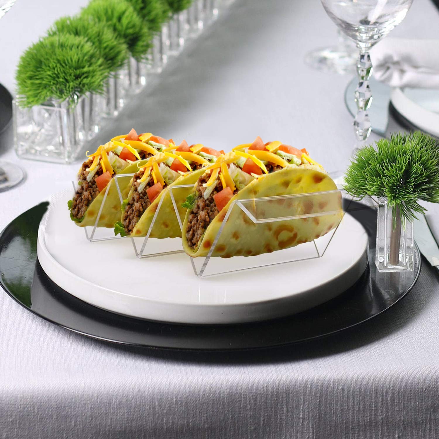 Unique Plus Acrylic Taco Holder Stands Set of 4 Clear Stand Tray Serving Plates Each Rack Holds 3 Tacos Modern Lucite Holders Size 8.7 Inch x 2 for Kitchen Table Restaurant Party Decoration Food Safe