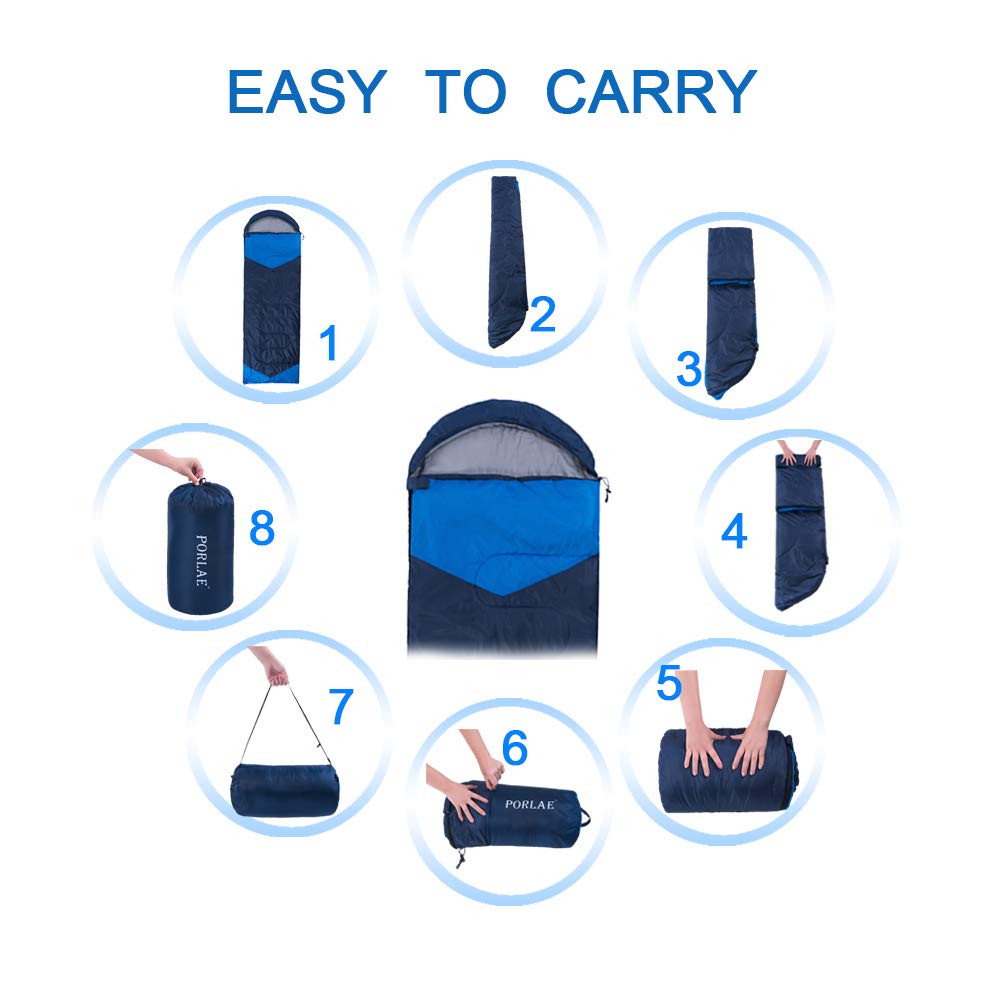PORLAE Envelope Sleeping Bag Camping Lightweight Portable Waterproof Comfort with Compression Sack Great for Traveling Hiking Outdoor Activities (Single)