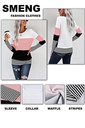 SMENG Womens Long Sleeve Tops Fashion Fall Clothes 2024 Pink Shirts for Women Waffle Knit Cute Casual Striped Patchwork Blouses Pink L
