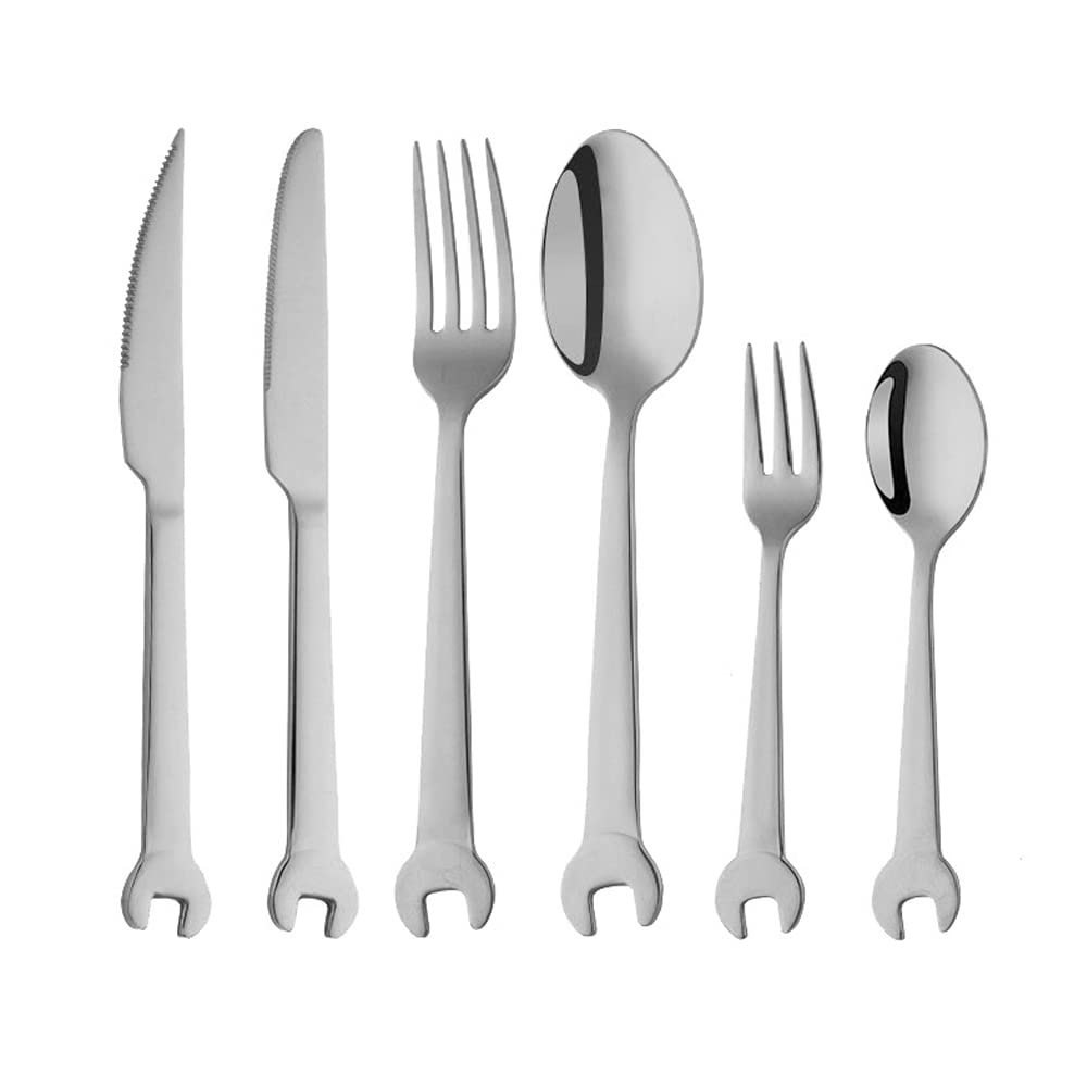 Silverware Set 6 Pcs, Stainless Steel Wrench Handle Flatware Set Forks and Spoons Set Durable Food-Grade Serving Cutlery set Tableware Eating Utensils(Silver)