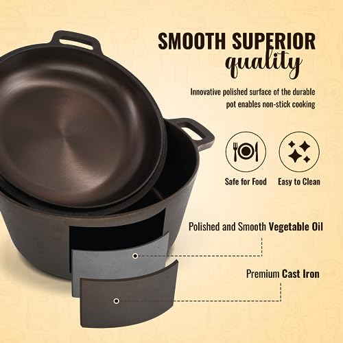 Smooth and Polished Cast Iron Dutch Oven by StarBlue β 5 qt Cast Iron with 10 Inches Diameter, 2 in 1 Multipurpose Skillet and Pot for Non-Stick Cooking