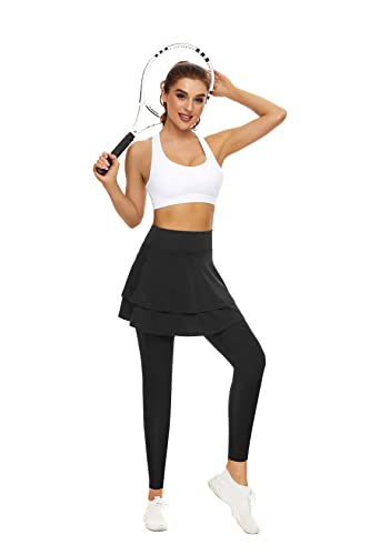 WOWENY Tennis Skirted Leggings with Pockets for Women Golf Skapri Leggings with Skirt (S, 2-Layer Black)