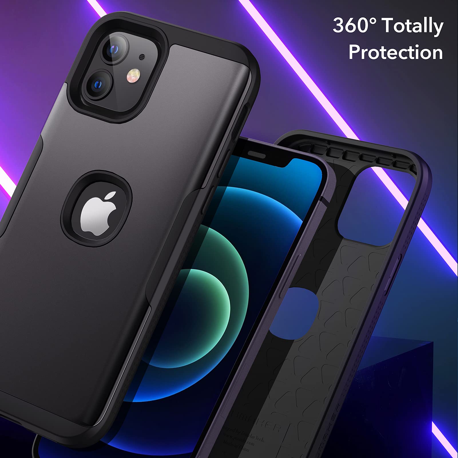 YOUMAKER Compatible with iPhone 12 & iPhone 12 Pro Case, Shockproof Case with Built-in Screen Protector Full Body Rugged Protective Heavy Duty Cover for iPhone 12/ iPhone 12 Pro 6.1 inch-Black