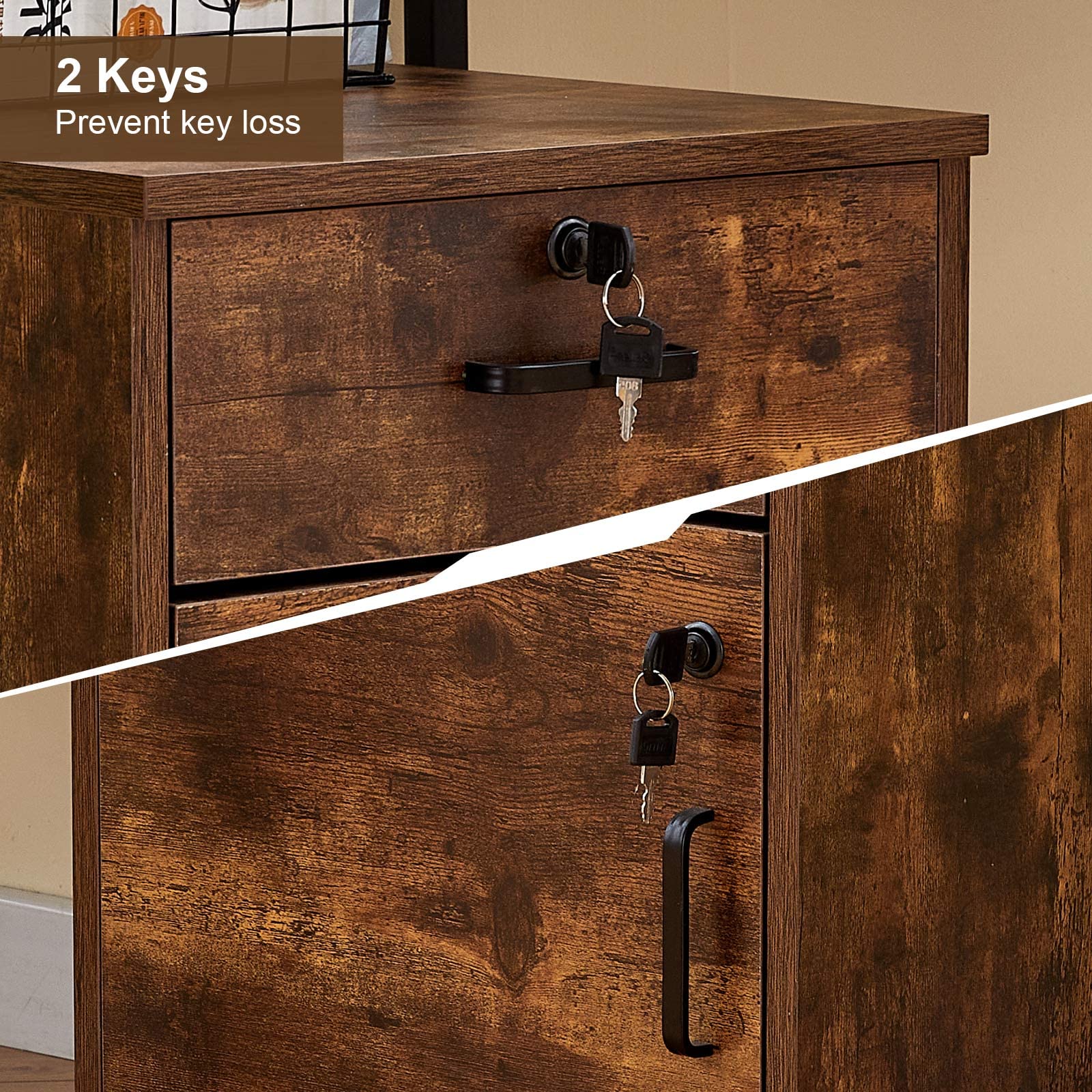 TUKAILAi Mobile File Cabinet with Lockable Drawer & Door, Under Desk Rolling Filing Cabinet with 4 Wheels, Wooden Stationery Storage Cabinet for Home Office (Rustic Brown)