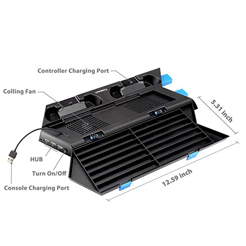 TNP Stand + Controller Charger + Cooling Fan + USB Hub + Game Storage Holder - Vertical Dock Charging Station for DualShock Controller, External Cooler, 4-in-1 Accessories (Black) [Playstation 4]