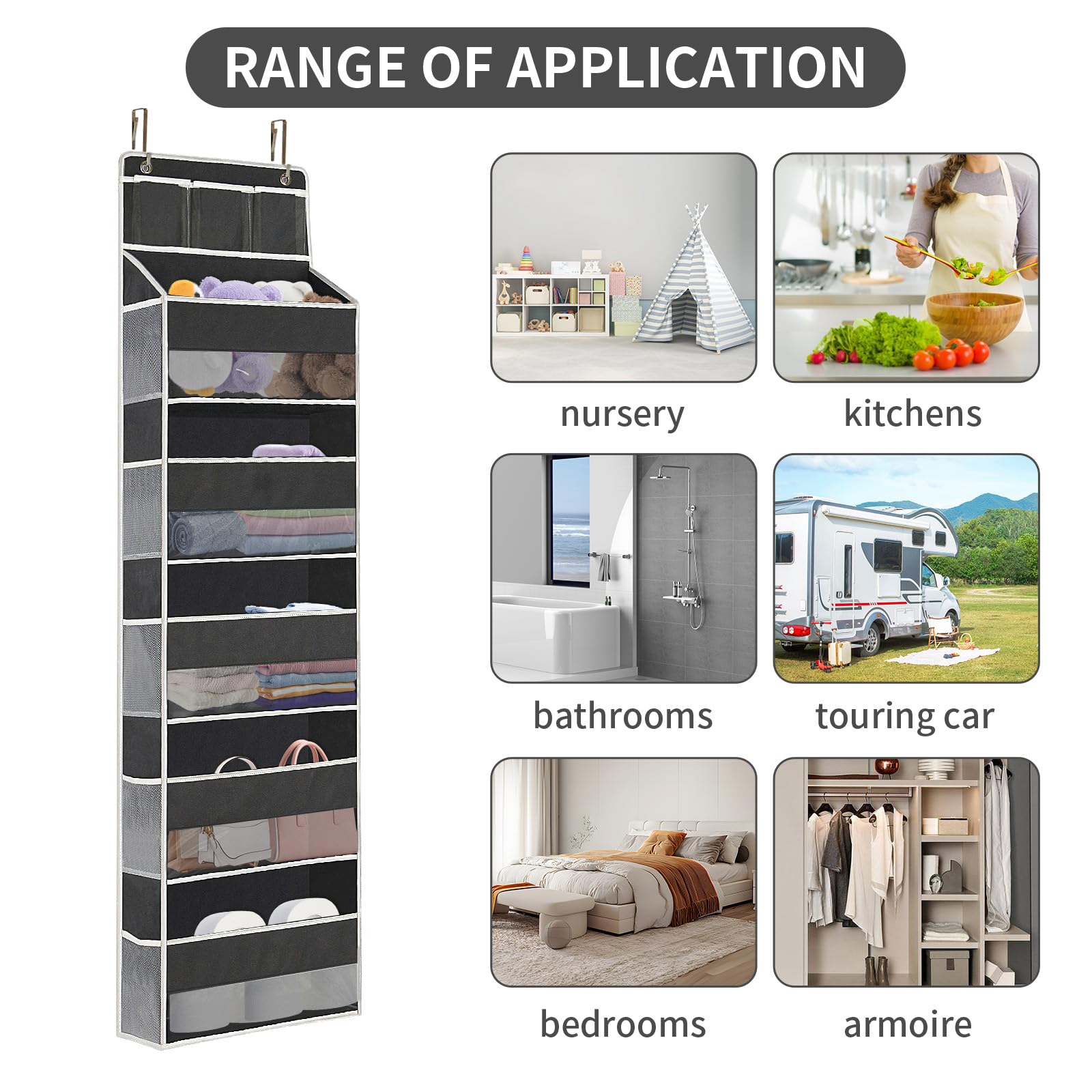 Over the Door Organizer Storage, 5-Shelf Clear Large Deep Pockets Hanging Storage with 3 Hooks, Over Door Pantry Organizer for Closet, Nursery, Bedroom, Kitchen, Dorm, Toys, Cosmetics, Clothes