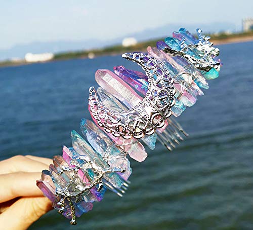 Zivyes Moon Goddess Crown Raw Crystal Quartz Tiara Mermaid Crown Wedding Fairy Rave Headpiece Festival Headband