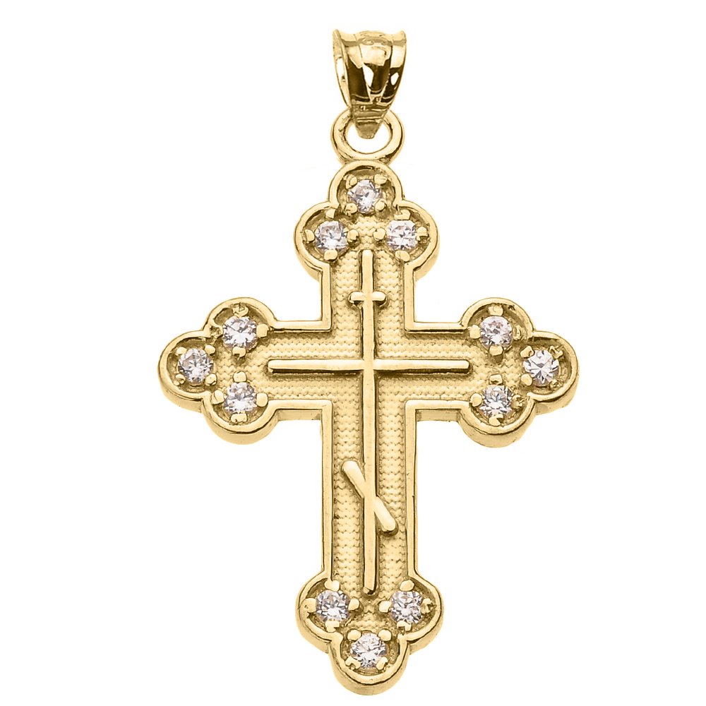 Religious Jewelry 14k Yellow Gold CZ Eastern Orthodox Cross Pendant